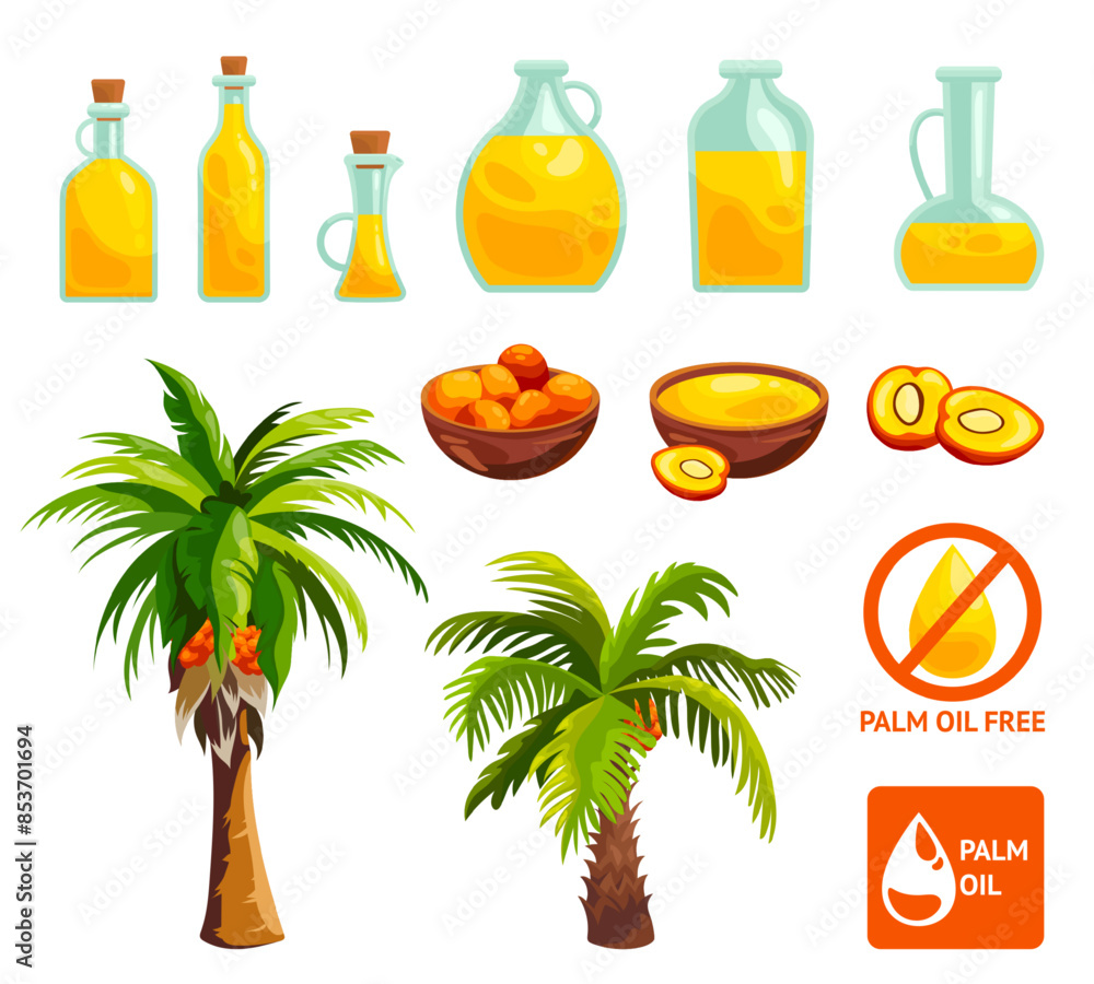 Cartoon palm oil. Palms trees crude seeds harvest plantation, junk food ...