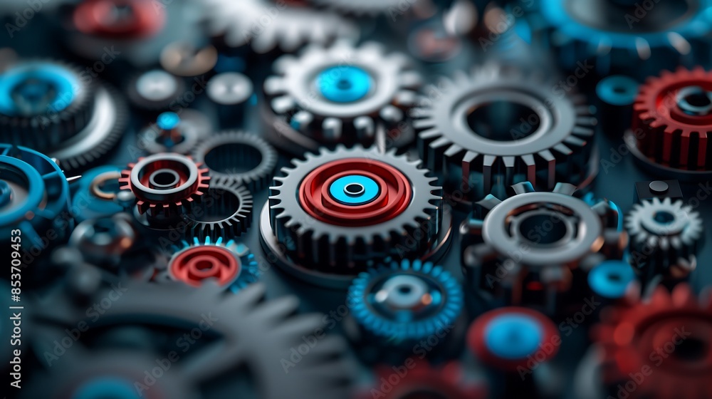 Interlocking gears and cogs with blue and red details illustrating the ...