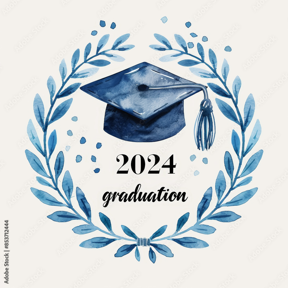 Aesthetic watercolor Class of 2024 emblem, graduation cap with laurel ...
