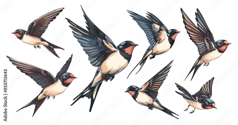 Swallow cartoon vector set. Wings feathers flying fluttering bird ...