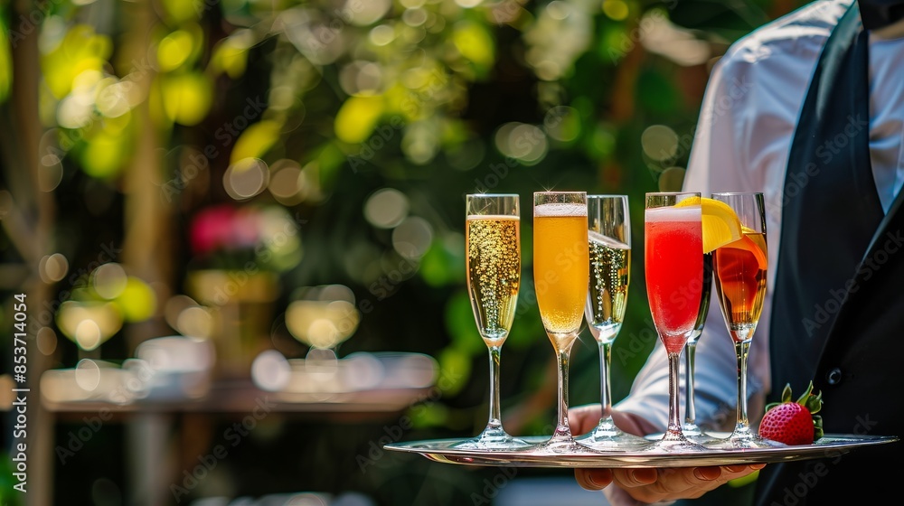 Elegant outdoor cocktail party setting with a waiter holding a tray of ...