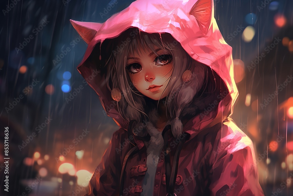 anime cat girl in a cape, digital art, painting, anime, art, graphics ...
