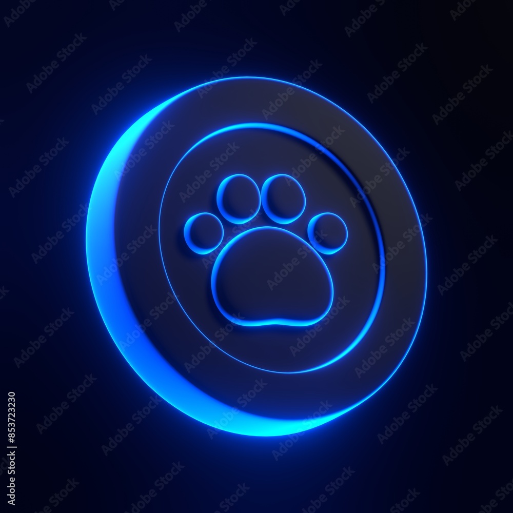 Paw print coin with bright glowing futuristic blue neon lights on black ...
