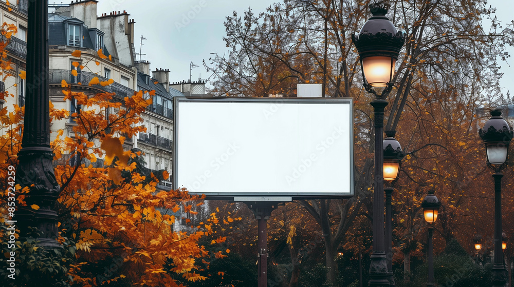 Blank white mock up large billboard sign fall autumn trees advertising ...