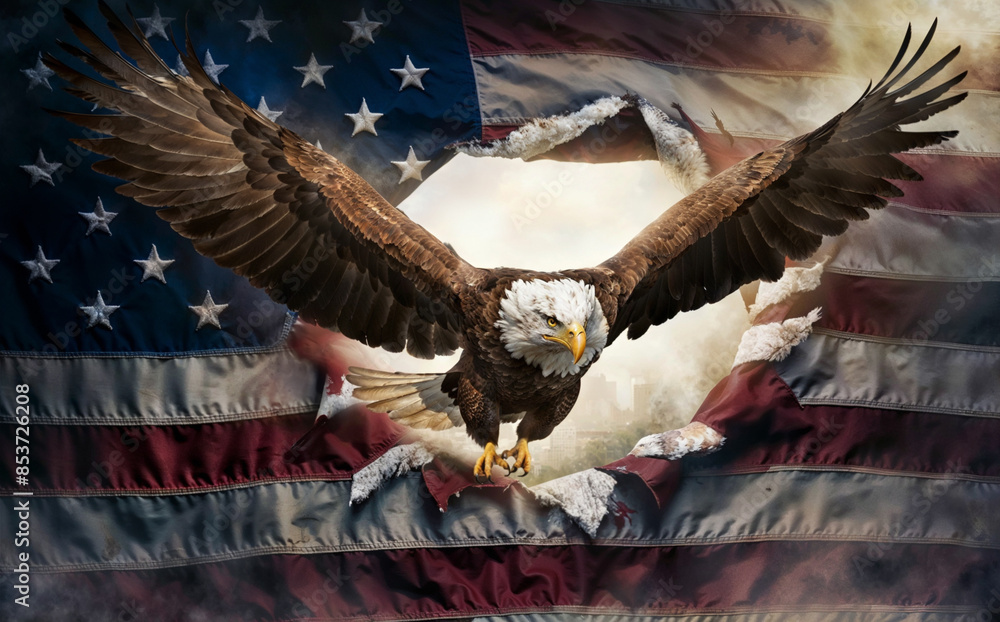 Bald Eagle soaring through the american flag gritty unique patriotism ...