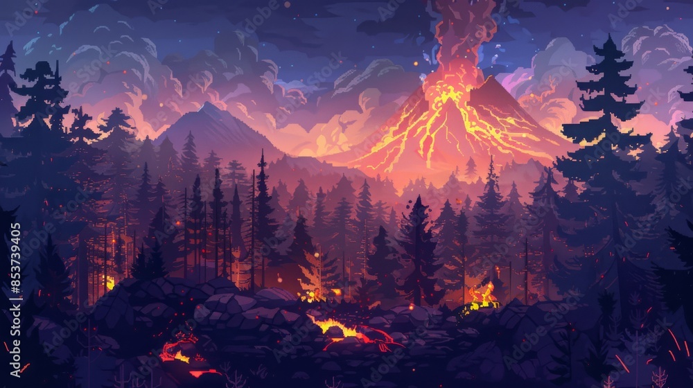 Pixel Art Volcanic Eruption in Forest - 8bit pixel art background Stock ...