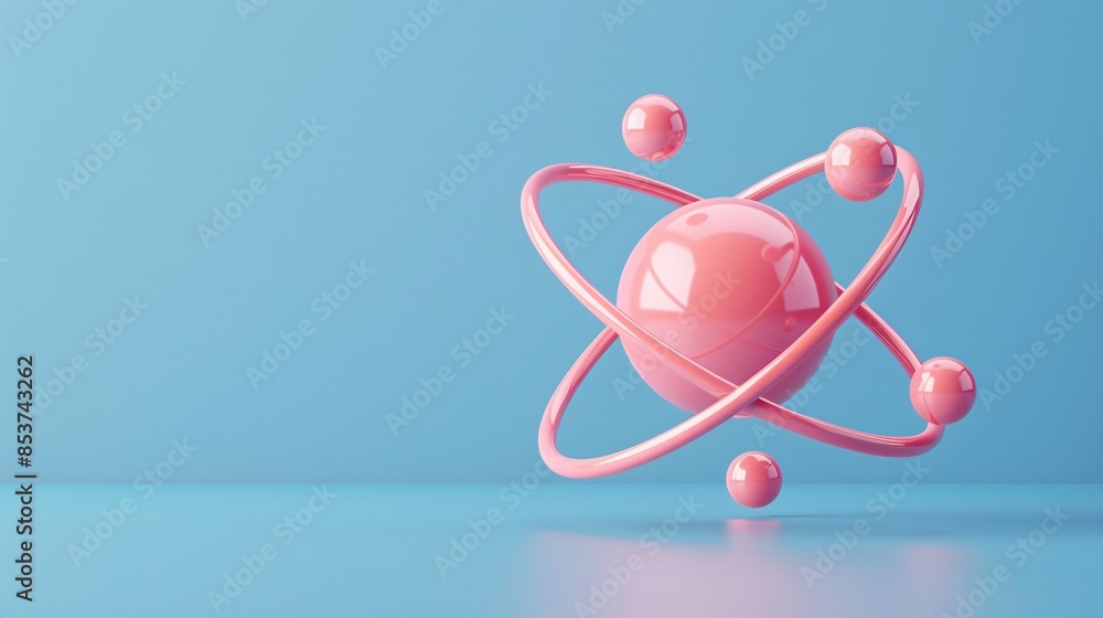 3D illustration of a pink atom model on a light blue background ...