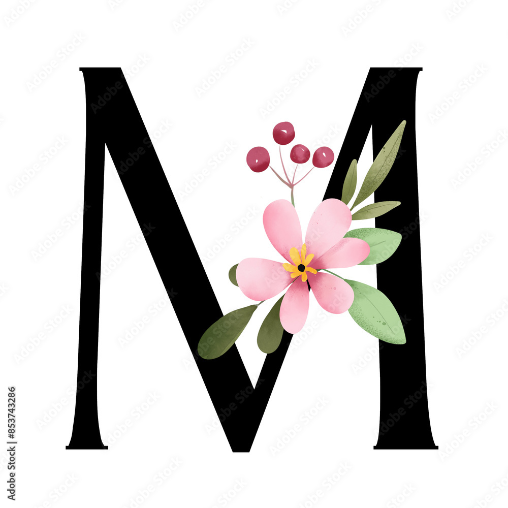 Letter M, floral monogram with watercolor flowers and leaf. Letterhead ... Letter M, floral monogram with watercolor flowers and leaf. Letterhead ...