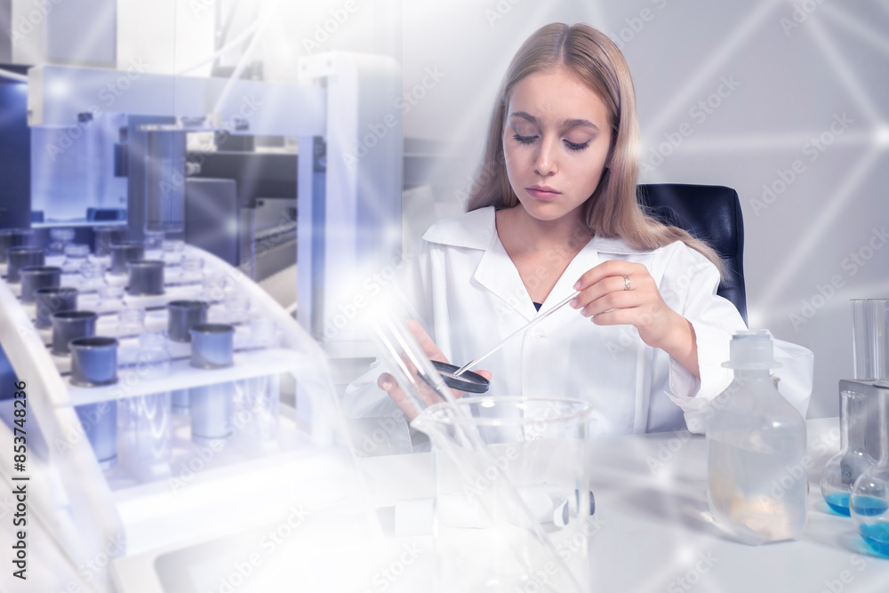 Woman laboratory assistant. Girl biologist. Medic at laboratory table ...