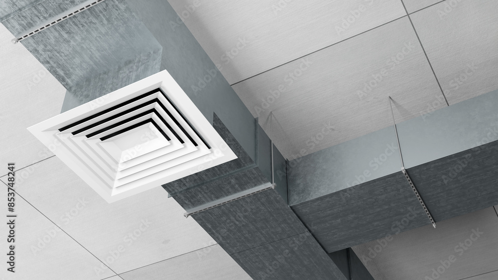 Air handling unit. Ventilation system. Square pipes under ceiling. Air ...