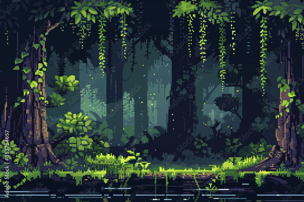 Pixel Art Enchanted Forest with Fireflies - 8bit pixel background Stock ...