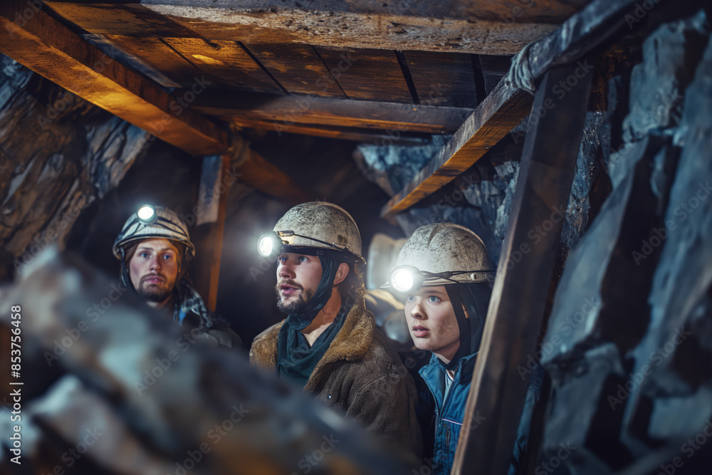 Group of miners wearing helmets with headlamps working in a dark ...