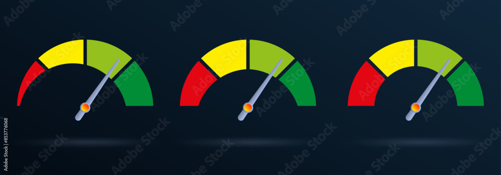 Speedometer icon set. Gauge, speed meter, risk indicator with arrow and ...