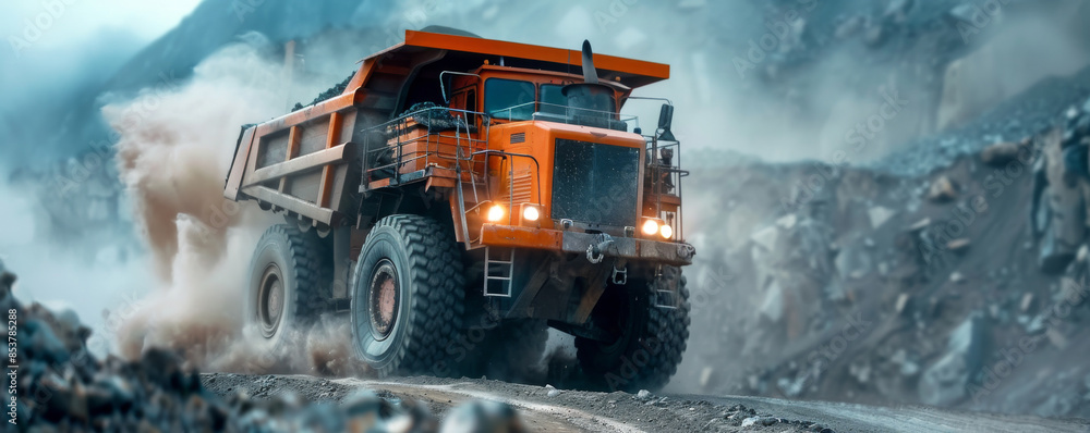 Industrial Work: Massive Dump Truck Unloading Gravel with Dust Clouds ...