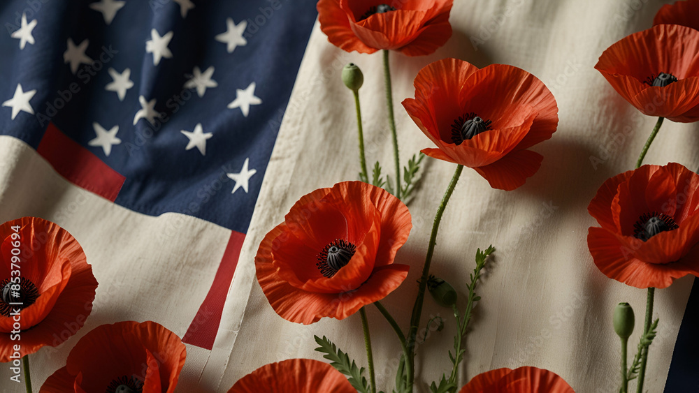 Red poppy flowers gracefully overlaying the American flag, blending ...