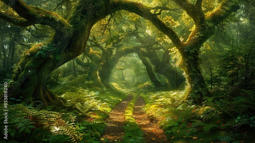 Enchanted Ancient Forest with Towering Trees and Dappled Light Shimmering on Moss Covered Path ...
