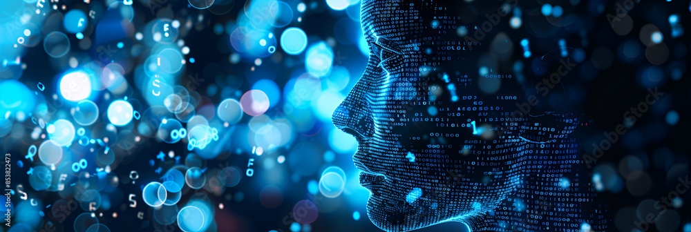 Artistic visualization of a human profile with digital data flow ...