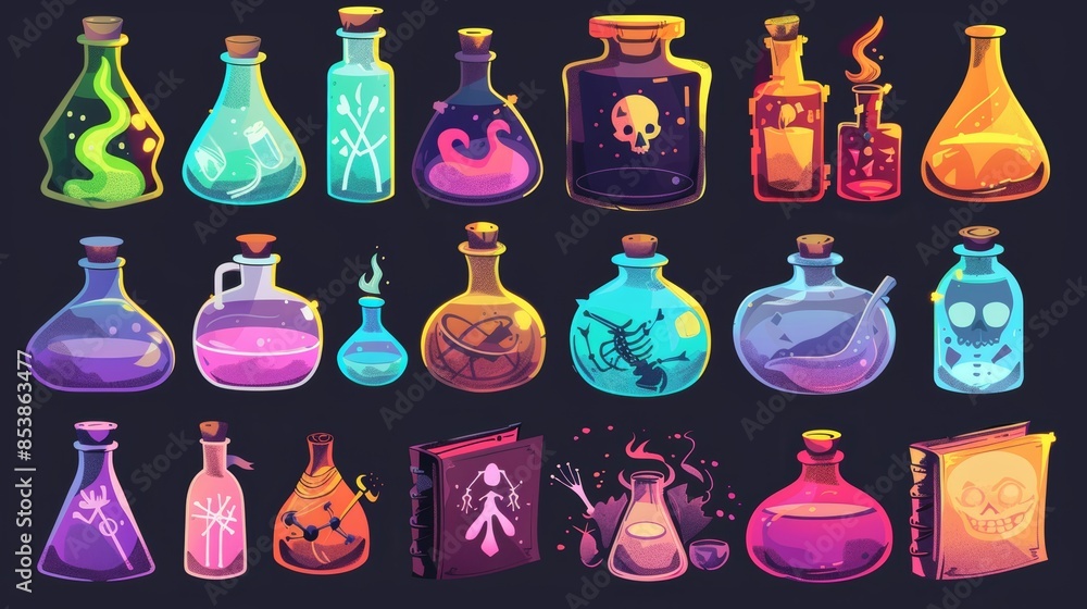 Various alchemy lab items with skulls, poison bottles, mystic books ...