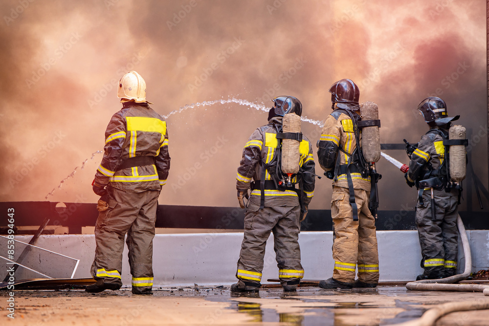 Fire incident in building. Action photo fireman team extinguishes burn ...