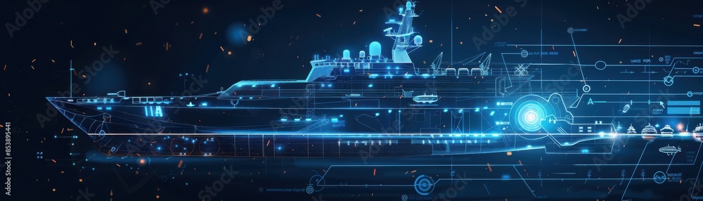 Futuristic holographic naval battleship with digital technology visuals ...