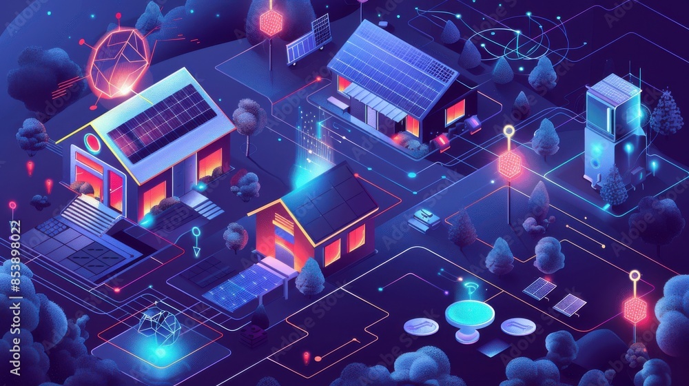 Futuristic smart city with solar panels, connected homes, and digital ...