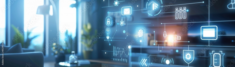 Modern digital interface with futuristic icons on a transparent screen ...