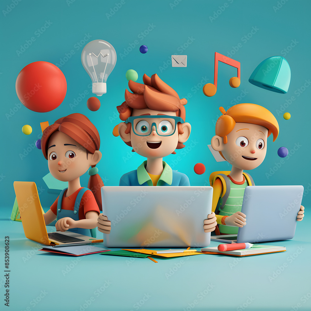 Students studying computer science are depicted as 3D cartoon ...