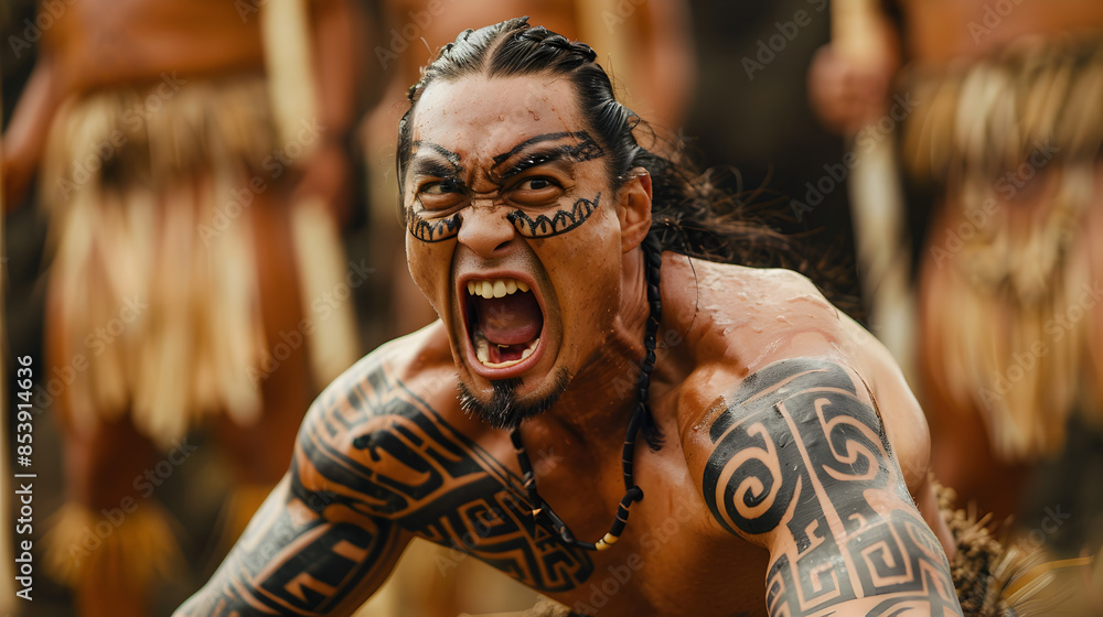 Maori warrior performing a haka with fierce expression and tattoos ...
