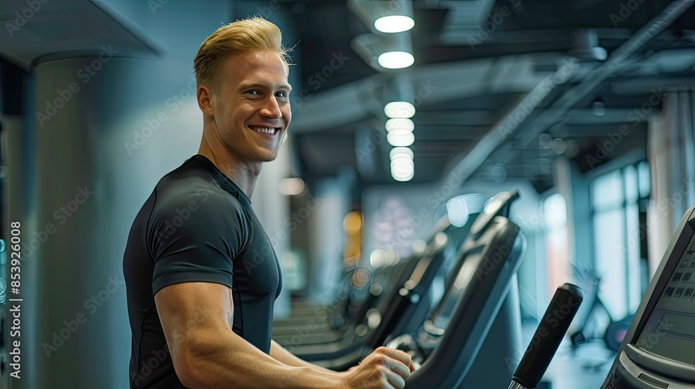 Fit young trainer demonstrating proper form on a treadmill, smiling ...