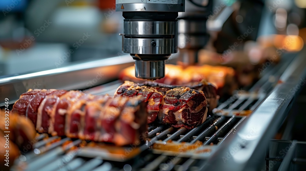 Automated meat processing conveyor belt, industrial robotic arm ...