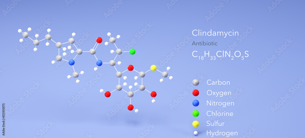clindamycin molecule, molecular structure, antibiotic, 3d model ...