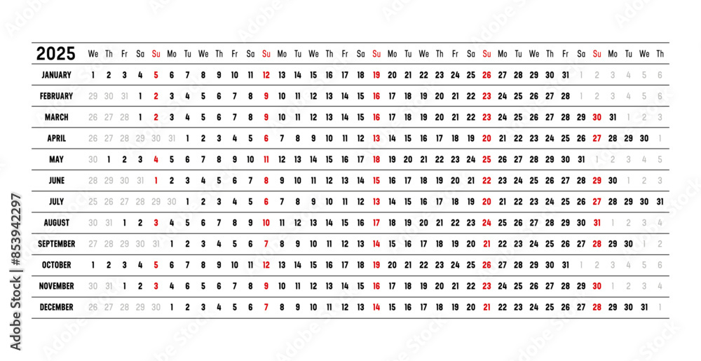 Year 2025 wall calendar with aligned dates, in English. One page ...