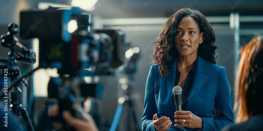 Young woman journalist conducts a live television interview in a modern ...