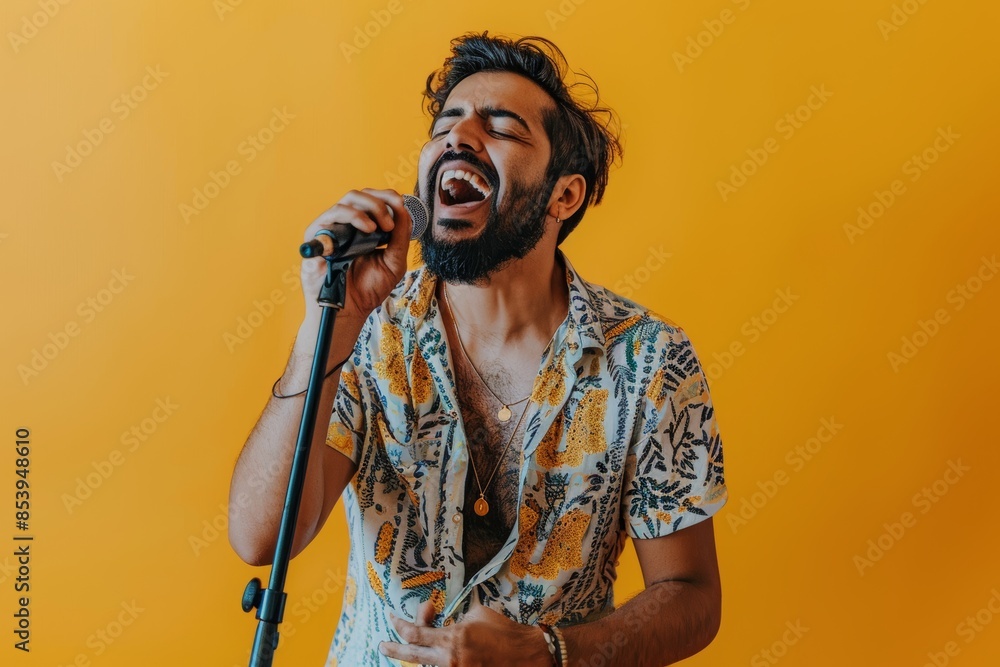 Portrait of a joyful indian man in his 20s dancing and singing song in ...