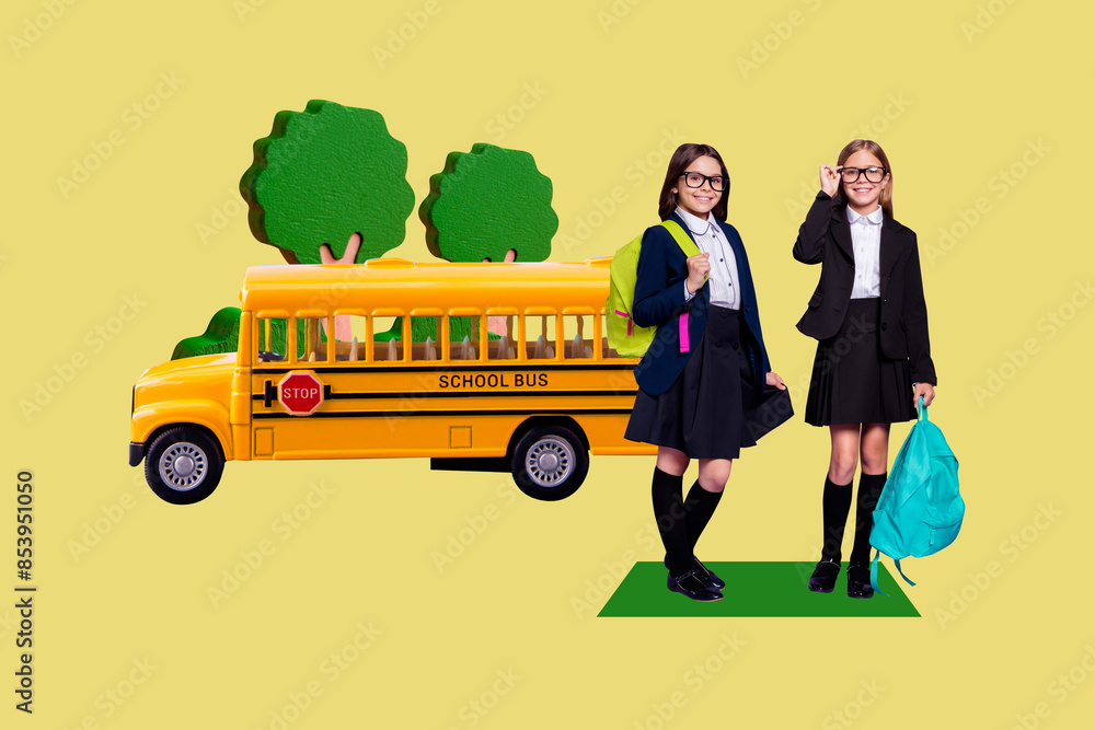 Composite photo collage of two happy school girls classmates stand ...
