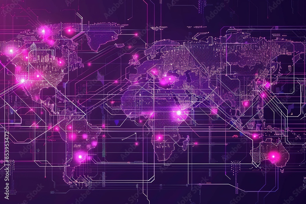 seamless pattern flat illustration style, world map Glowing digital ...