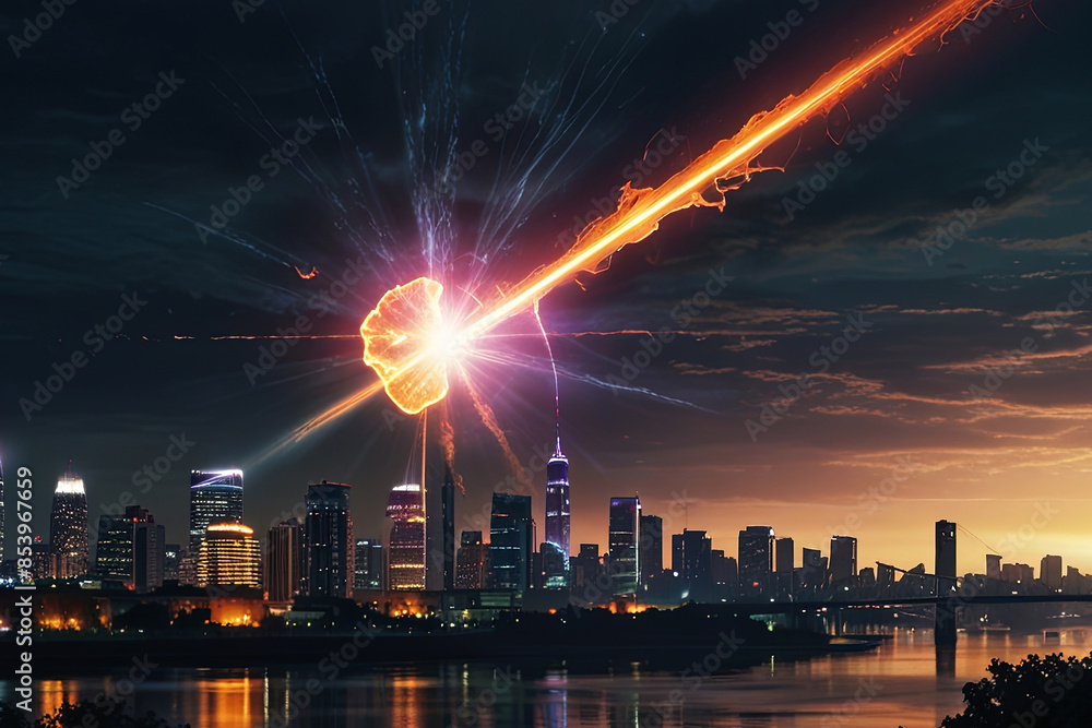 X-ray laser beam descends from the sky, destroying a city. Dramatic ...