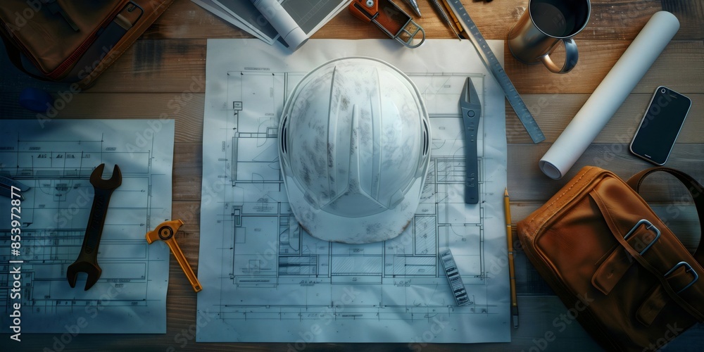 Architect desk safety gear white hard hat on construction blueprint ...