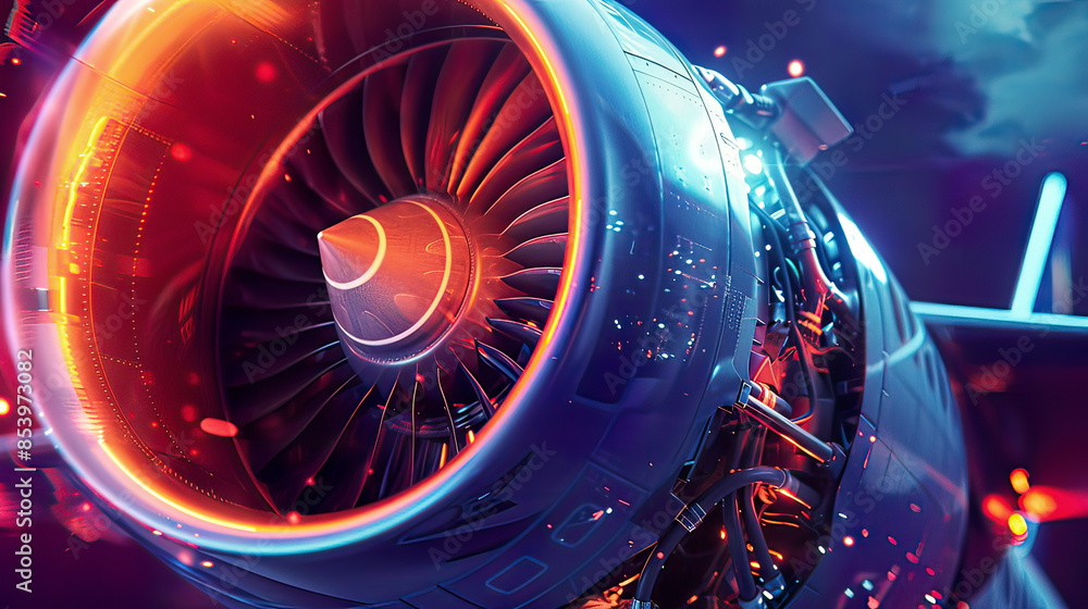 Ultra-detailed depiction of an airplane engine showing the turbine ...