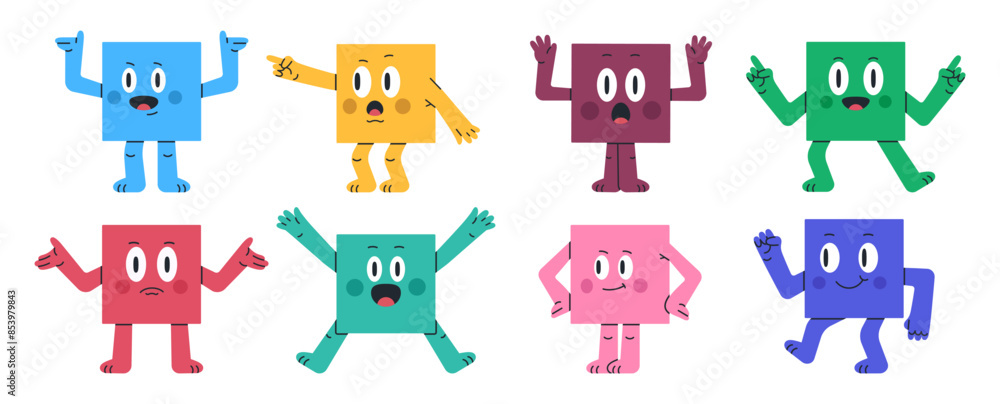 Square characters. Funny geometric cute square mascot, comic square ...