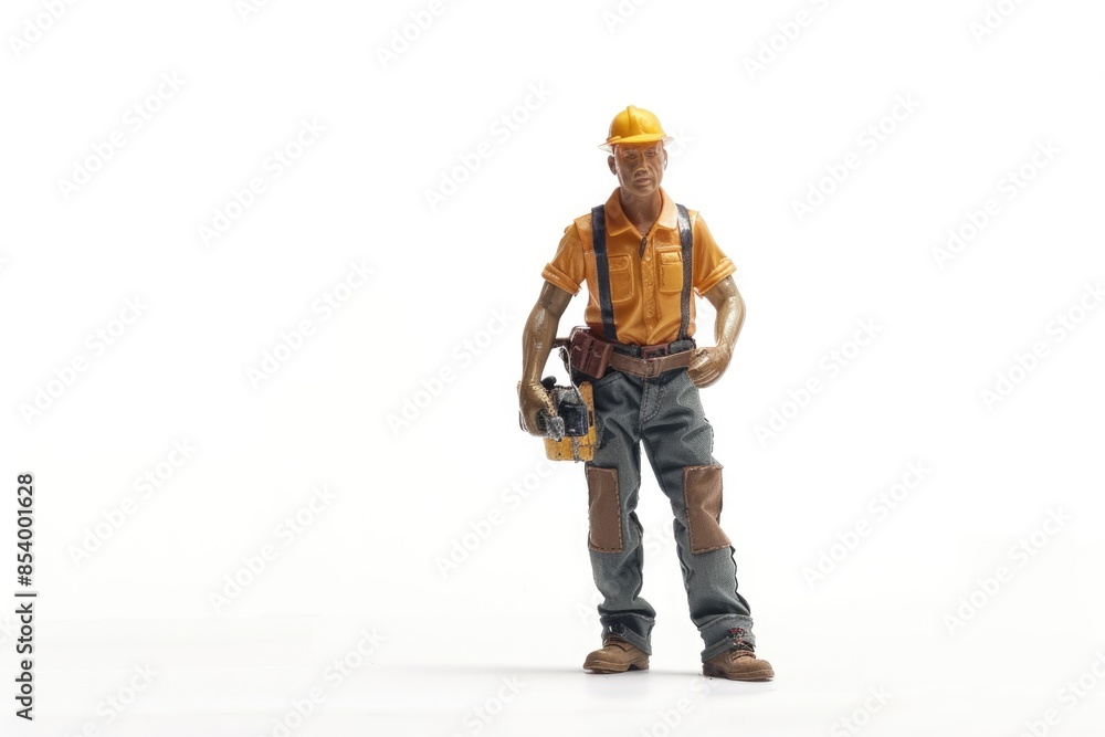 Miniature construction worker figurine isolated on white background ...