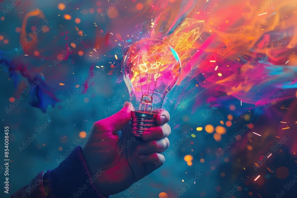 An energetic visual featuring a central figure holding a light bulb, with rays of light and ...