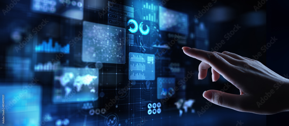 Business intelligence analyst dashboard on virtual screen. Big data ...