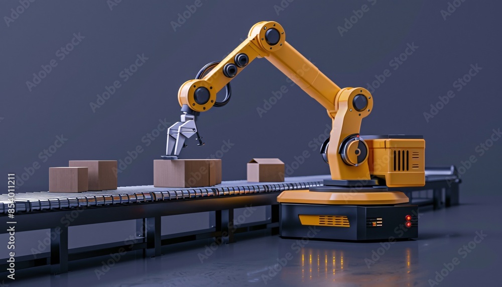 Robot Arm Filling Product Packaging in 3D Render Closeup Robot arm in ...