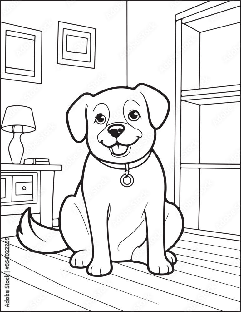Dog Coloring Page | Cute Dog in a Room Coloring Page | Cute Dog ...