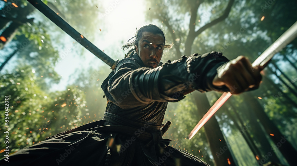 Action shot of a martial arts warrior in the bamboo forest. Cinematic ...