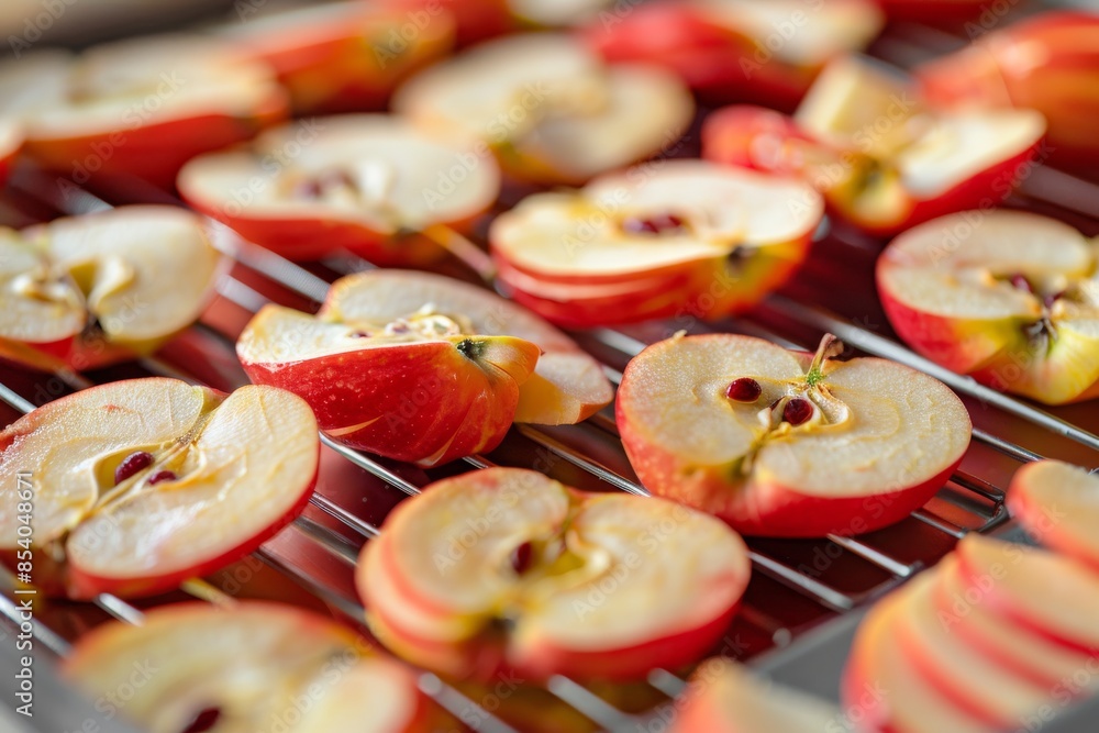 Drying apples, drying fruits, apple chips production. Sliced apples in ...