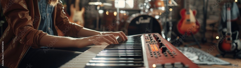 Woman composing music on a keyboard in a room full of instruments ...