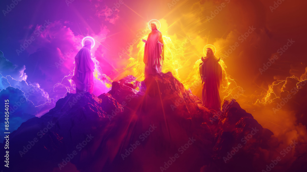 The Transfiguration of Jesus illuminated by vibrant colors, with ...