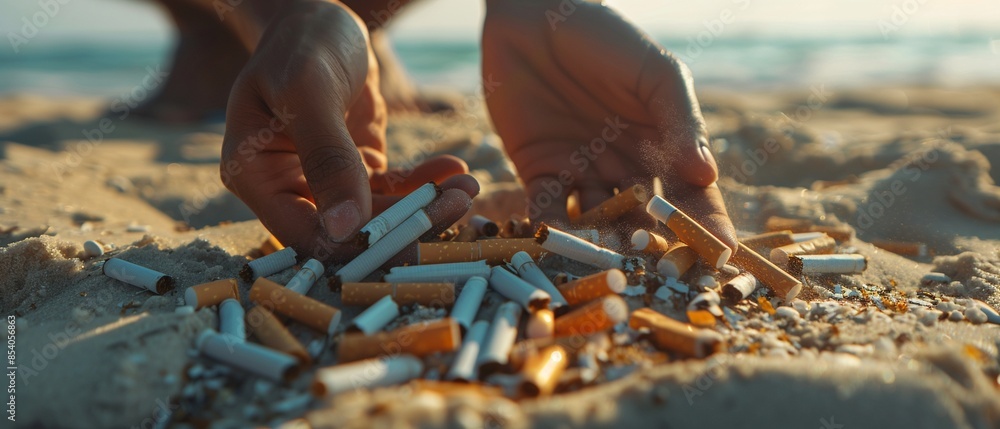 Close view of hands collecting cigarette litter from coastal sand ...
